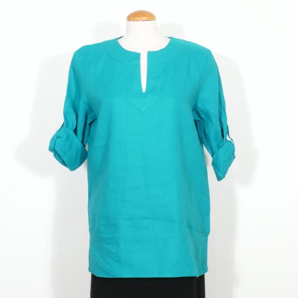 Lauren Ralph Lauren | Tops | Turquoise Linen Roll Tab Sleeve Tunic Top ...
